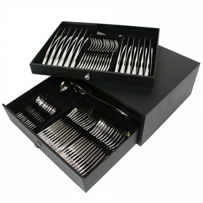 Black wooden case for 72 or 75 piece cutlery set