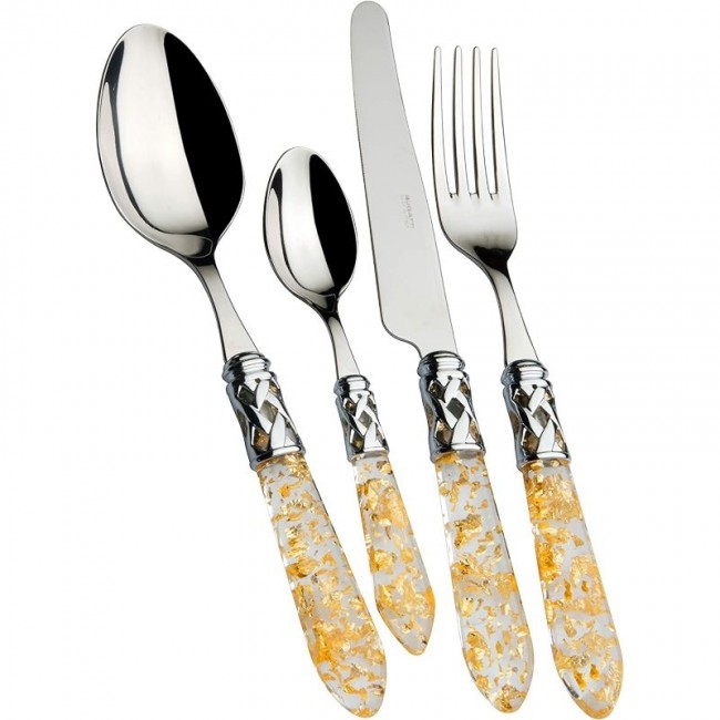 24 pieces cutlery set 18/10 stainless steel - chrome ring - golden ...